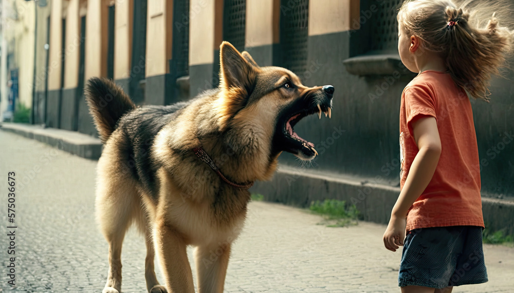 Big terrible stray dog barking and growls on little girl walking street ...