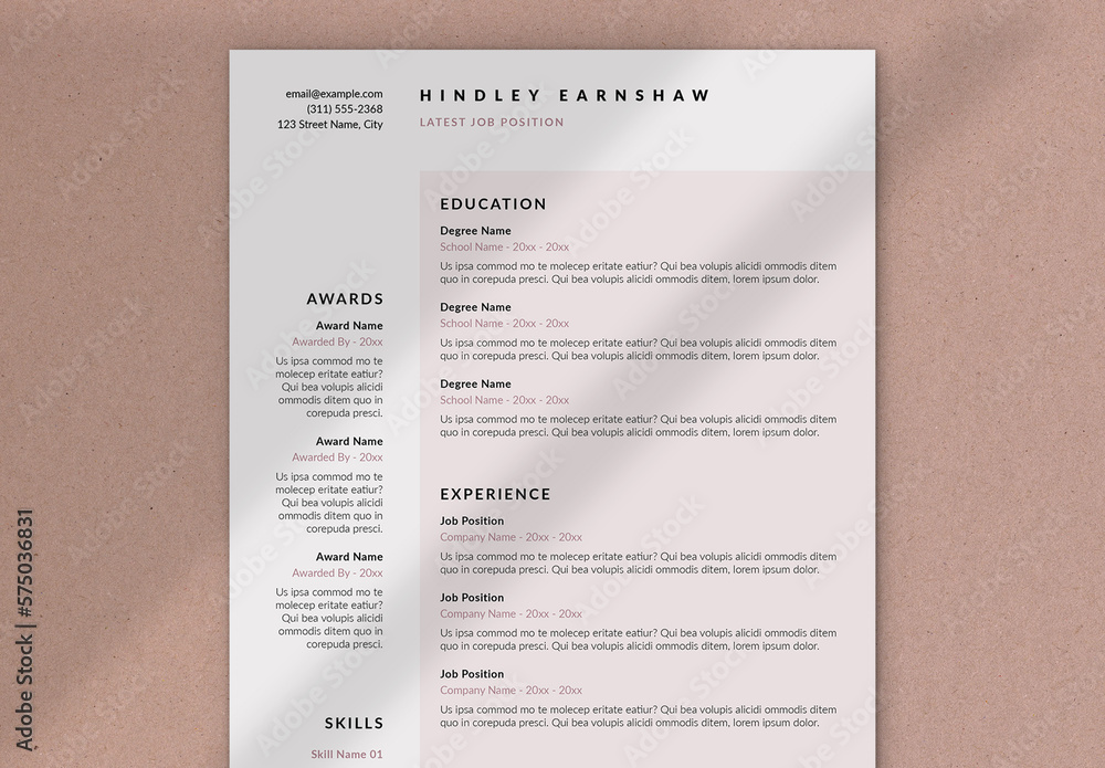 Simple Resume and Cover Letter Layout with Pink Accents Stock Template ...