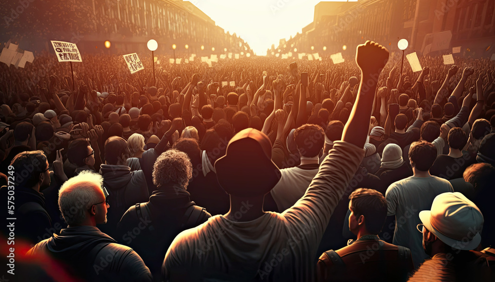 Protesting crowd people on city street with raised fist rear view, anti ...