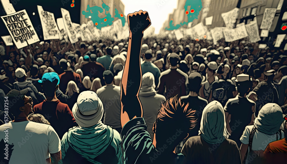 Protesting crowd people on city street with raised fist rear view, anti ...