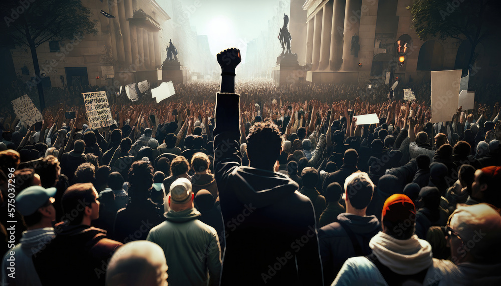 Protesting crowd people on city street with raised fist rear view, anti ...