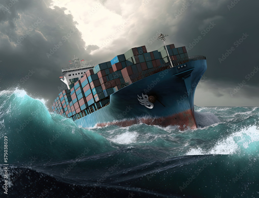 Cargo ship with containers on deck in storm sea and stormy sky, cargo ...