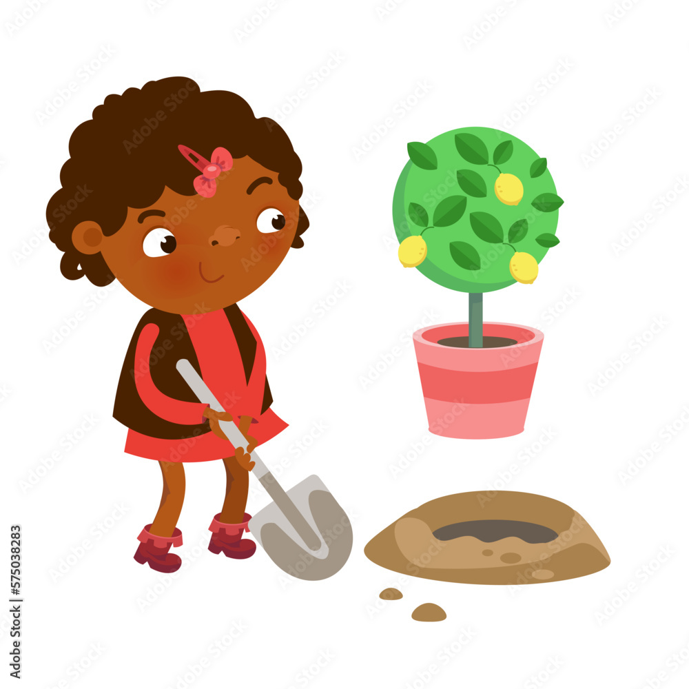 Cute isolated girl in garden digging hole and replanting lemon tree ...