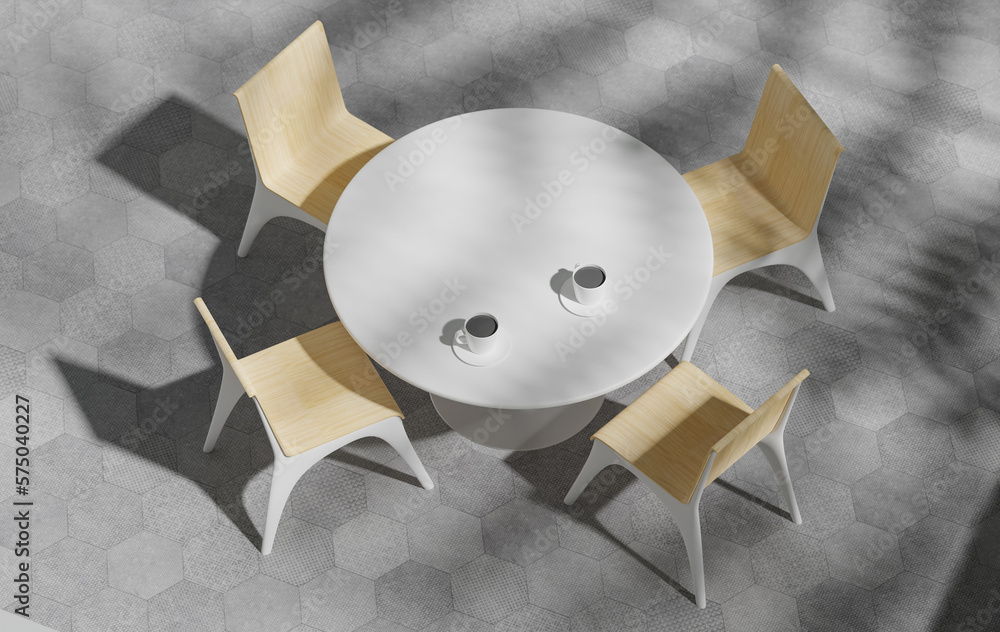 3d rendering mockup of outdoors dining place - a table and cups of ...