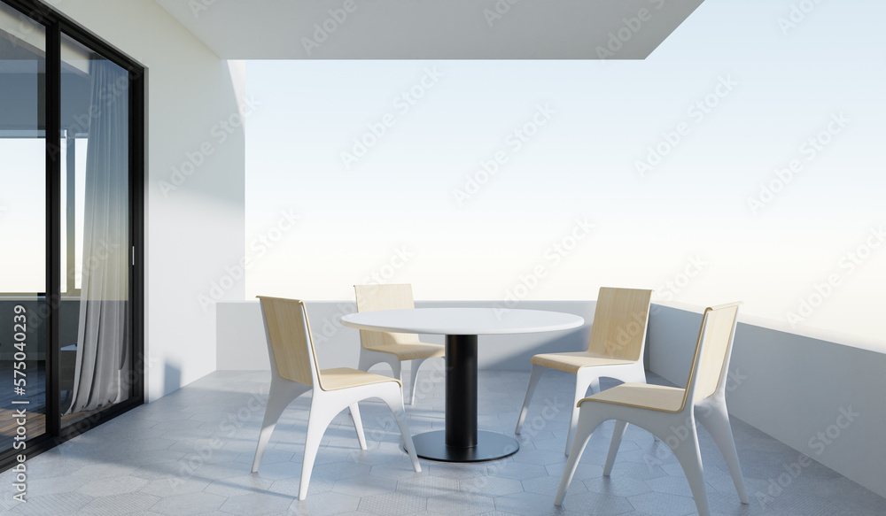 Generic balcony or patio space with outdoor furniture background, 3d ...