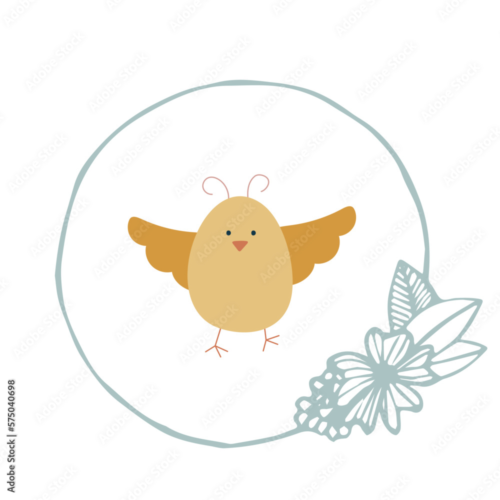Cute cartoon yellow chicken in a delicate frame isolated on white ...