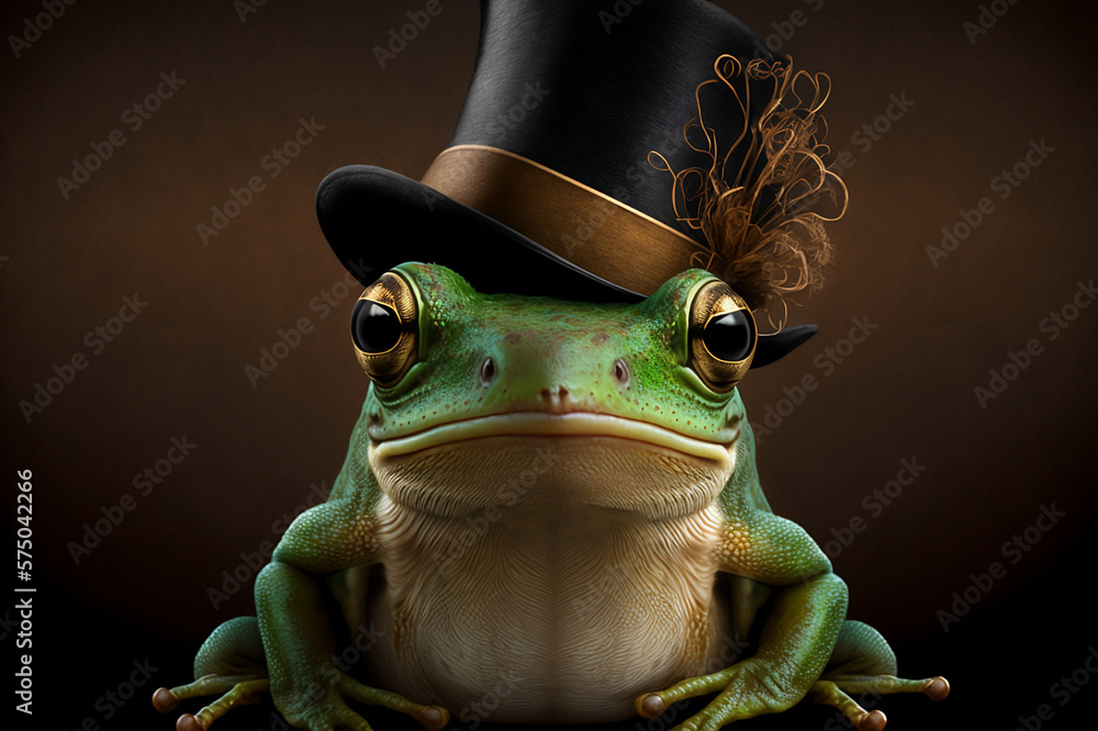 Frog wearing a top hat, whimsical, fantasy animal. Close up image of a ...