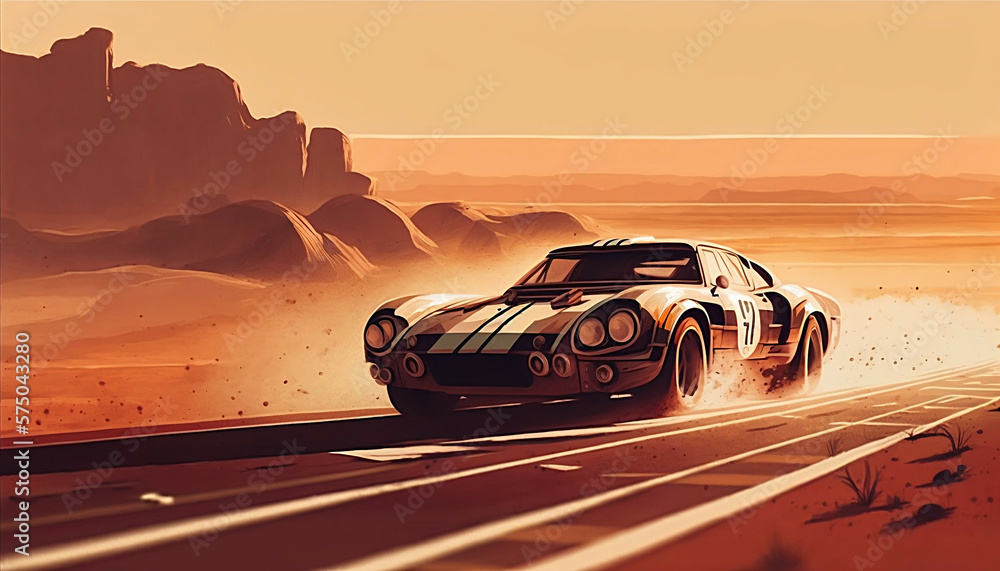 vintage retro style illustration of a retro sport super car on road at ...