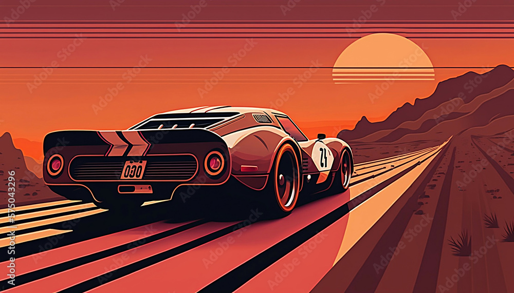 vintage retro style illustration of a retro sport super car on road at ...