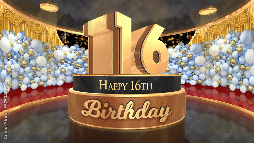 16th Birthday backdrop, poster, flyer 3d render illustration in gold ...