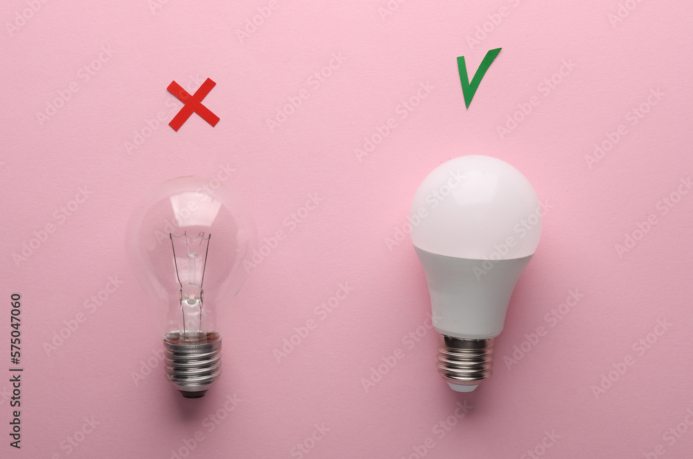Incandescent lamp and led light bulb with a sign of rejection and ...