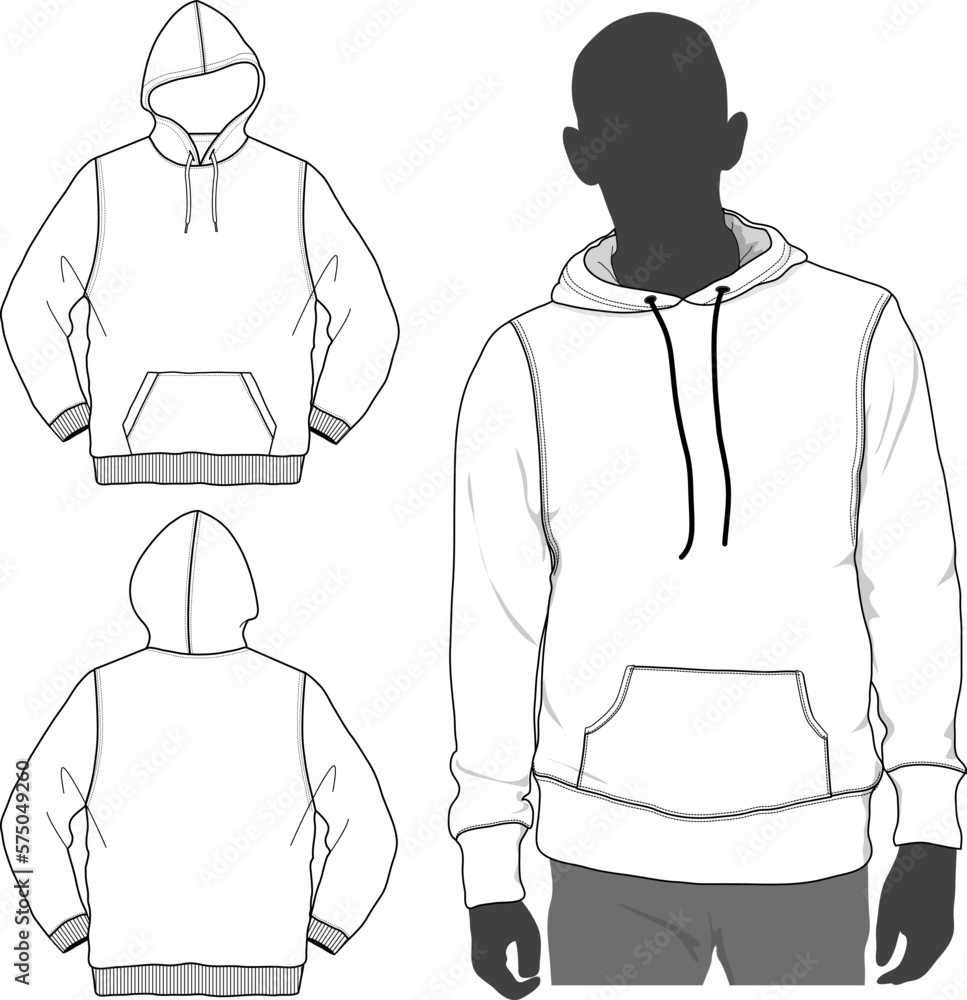 Pullover Hoodie flat sketch model template technical CAD illustration ...