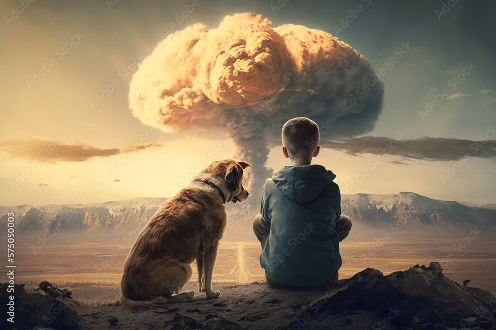 Boy and his dog watching a nuclear explosion from a hill top ...