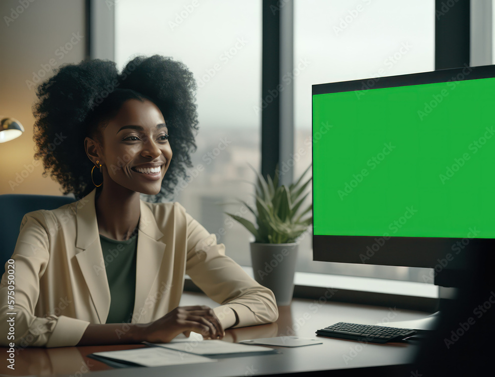 black woman in zoom meeting at computer. generative AI.mocap, green ...
