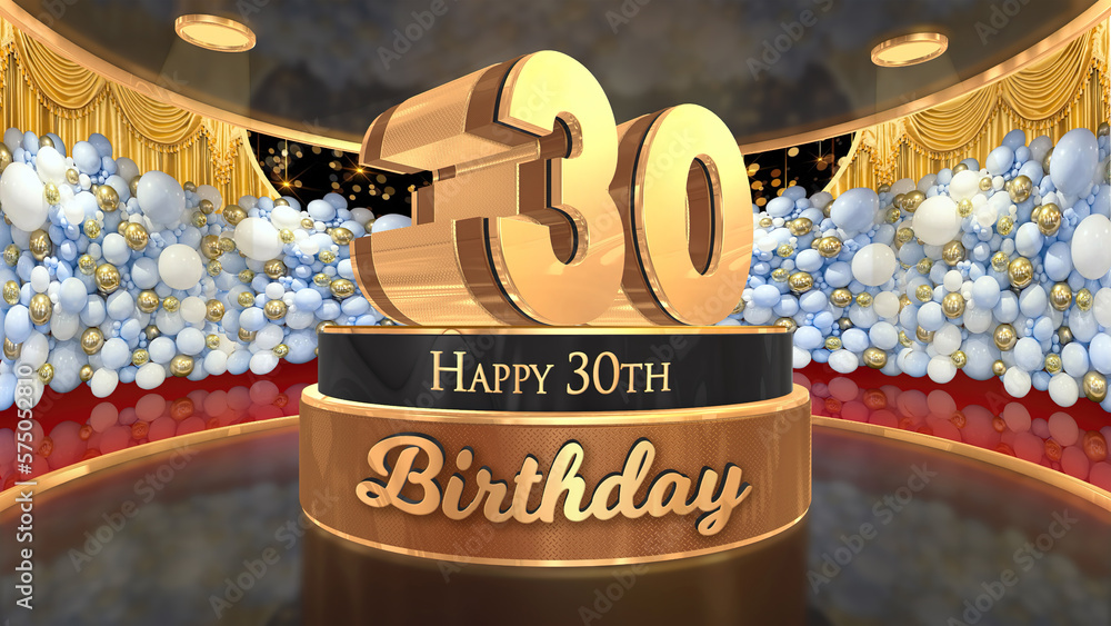 30th Birthday backdrop, poster, flyer 3d render illustration in gold ...