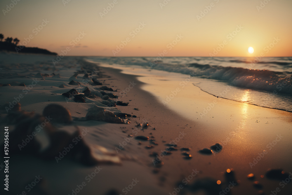 the sun is setting over the ocean on the beach, anamorphic lens flare ...