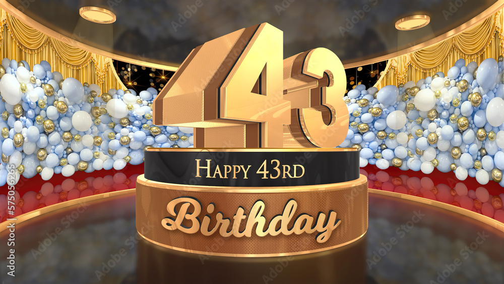 43rd Birthday backdrop, poster, flyer 3d render illustration in gold ...