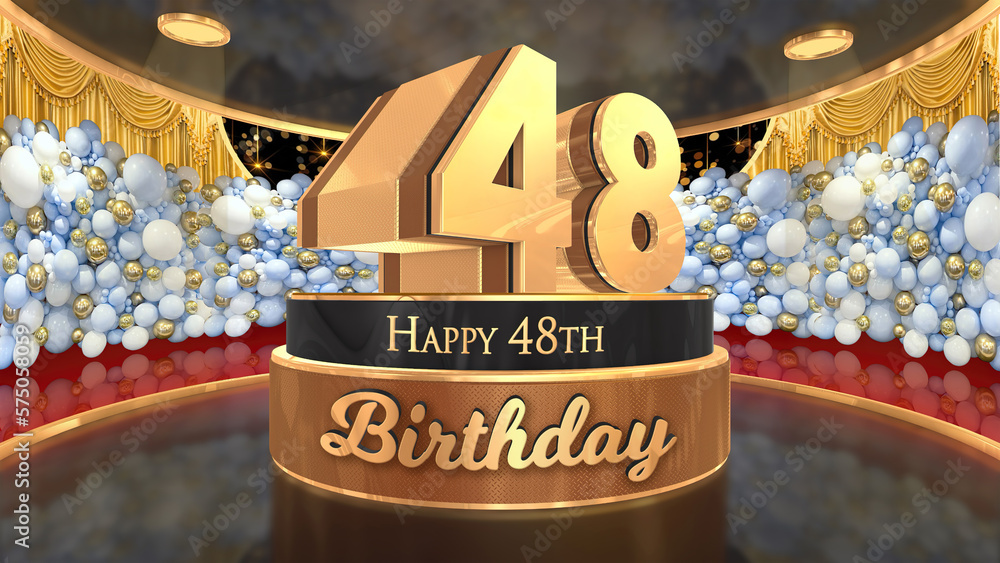 48th Birthday backdrop, poster, flyer 3d render illustration in gold ...