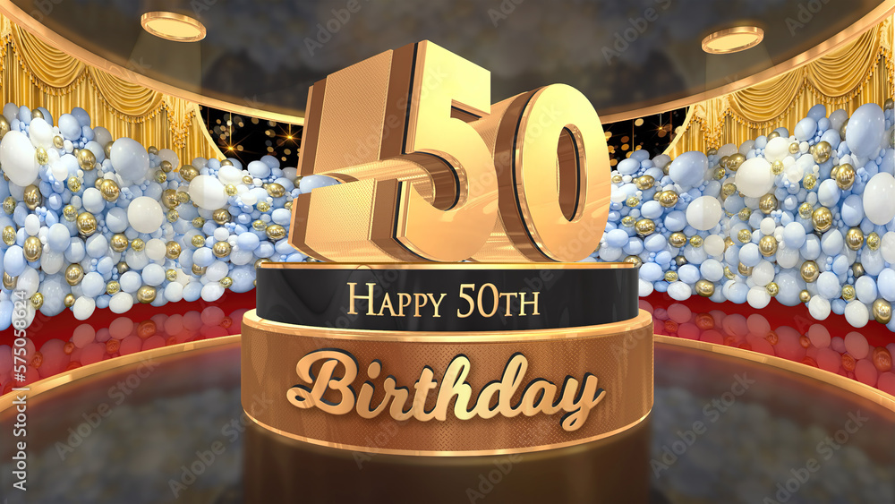 50th Birthday backdrop, poster, flyer 3d render illustration in gold ...