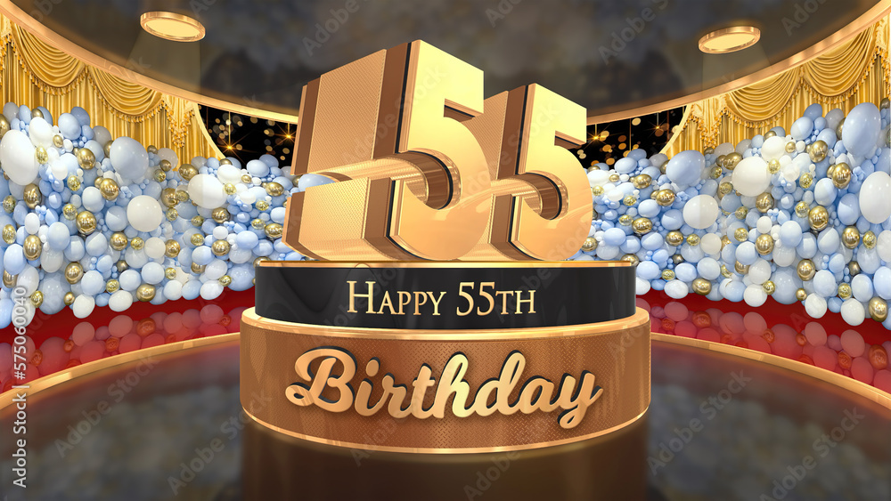 55th Birthday backdrop, poster, flyer 3d render illustration in gold ...