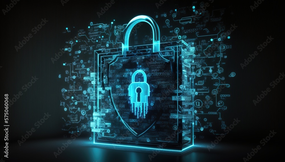 Cybersecurity illustration with high-tech security protecting a laptop ...