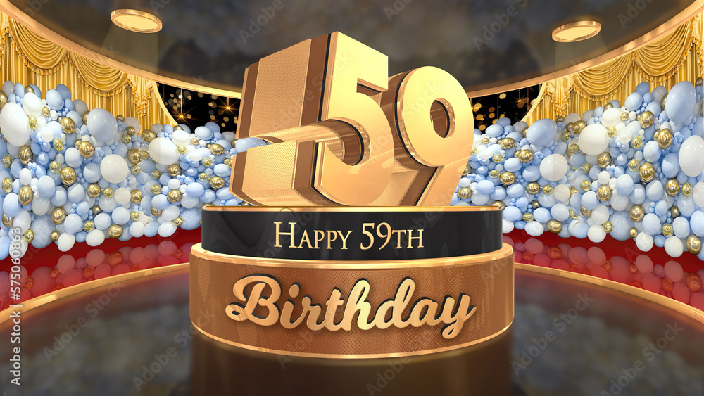 59th Birthday backdrop, poster, flyer 3d render illustration in gold ...