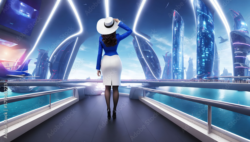 futuristic back view of woman wearing suit at the future city ...
