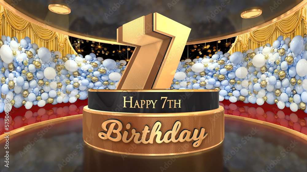 7th Birthday backdrop, poster, flyer 3d render illustration in gold ...