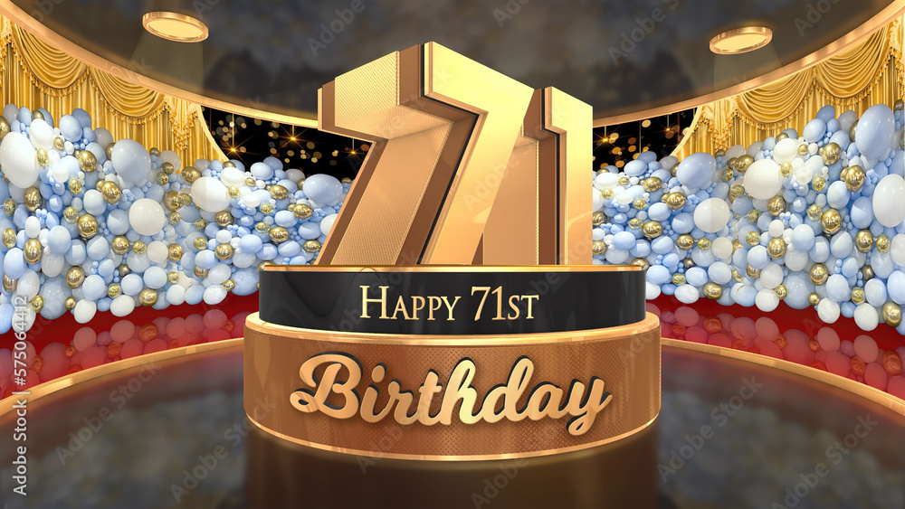 71st Birthday backdrop, poster, flyer 3d render illustration in gold ...