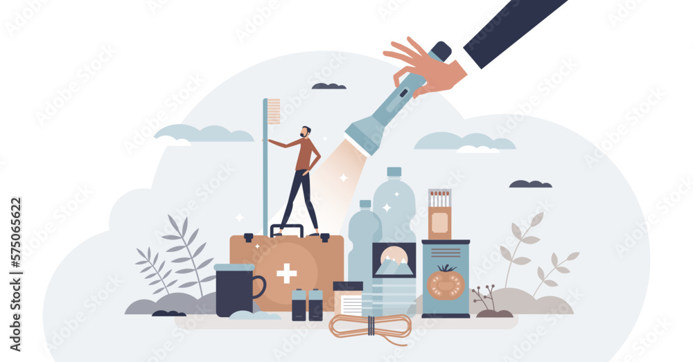 Emergency crisis preparedness with basic essential items tiny person ...