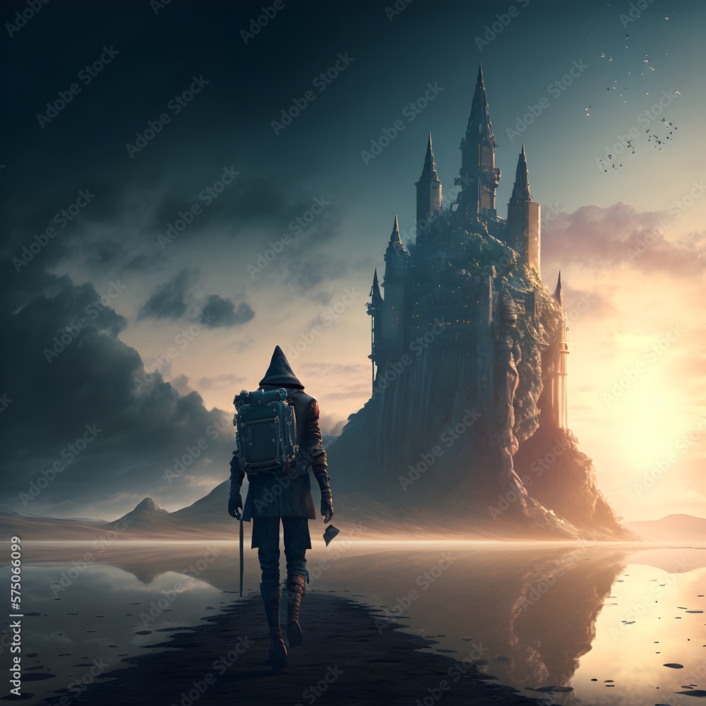 traveller approaching an epic sky castle edge of the world ...