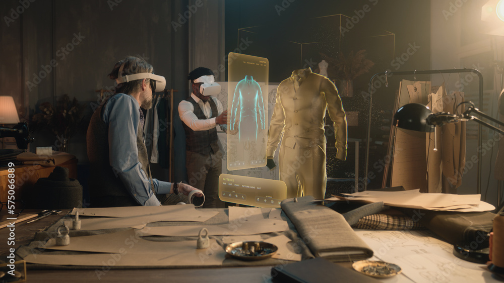 Tailor and male African American customer in VR headsets in atelier. 3D ...
