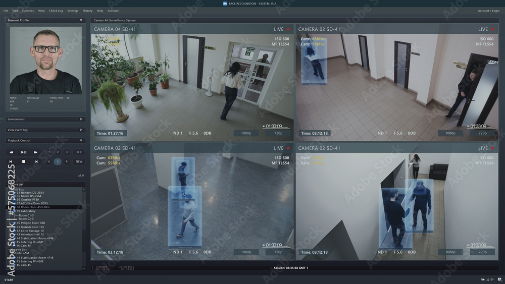 Playback office CCTV cameras on computer screen. Interface of AI program with facial recognition ...