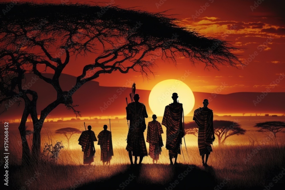 Masai tribe in the African Savannah. Generative AI. Stock Illustration ...