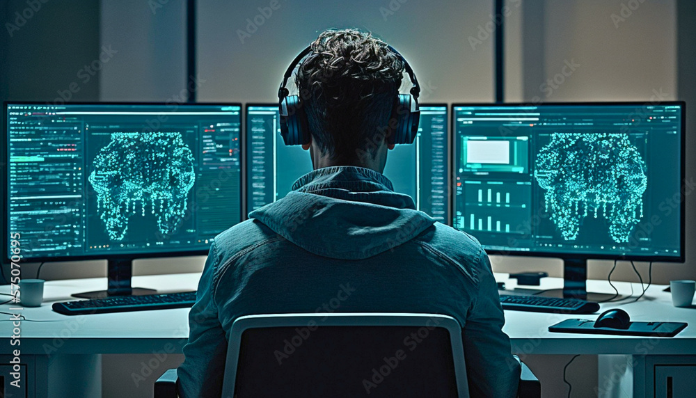 a person sitting at a desk in front of a computer with multiple screens displaying complex ...
