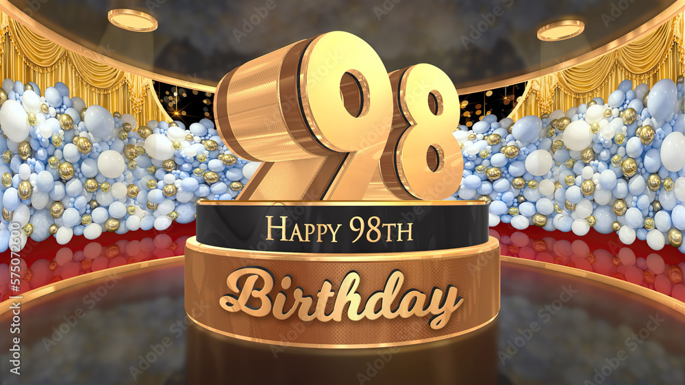 98th Birthday backdrop, poster, flyer 3d render illustration in gold ...