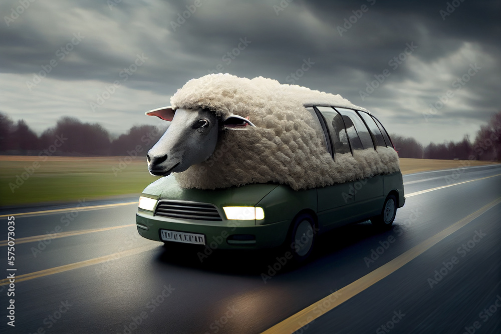 Sheepmobile rides on the highway. AI generated Stock Illustration ...