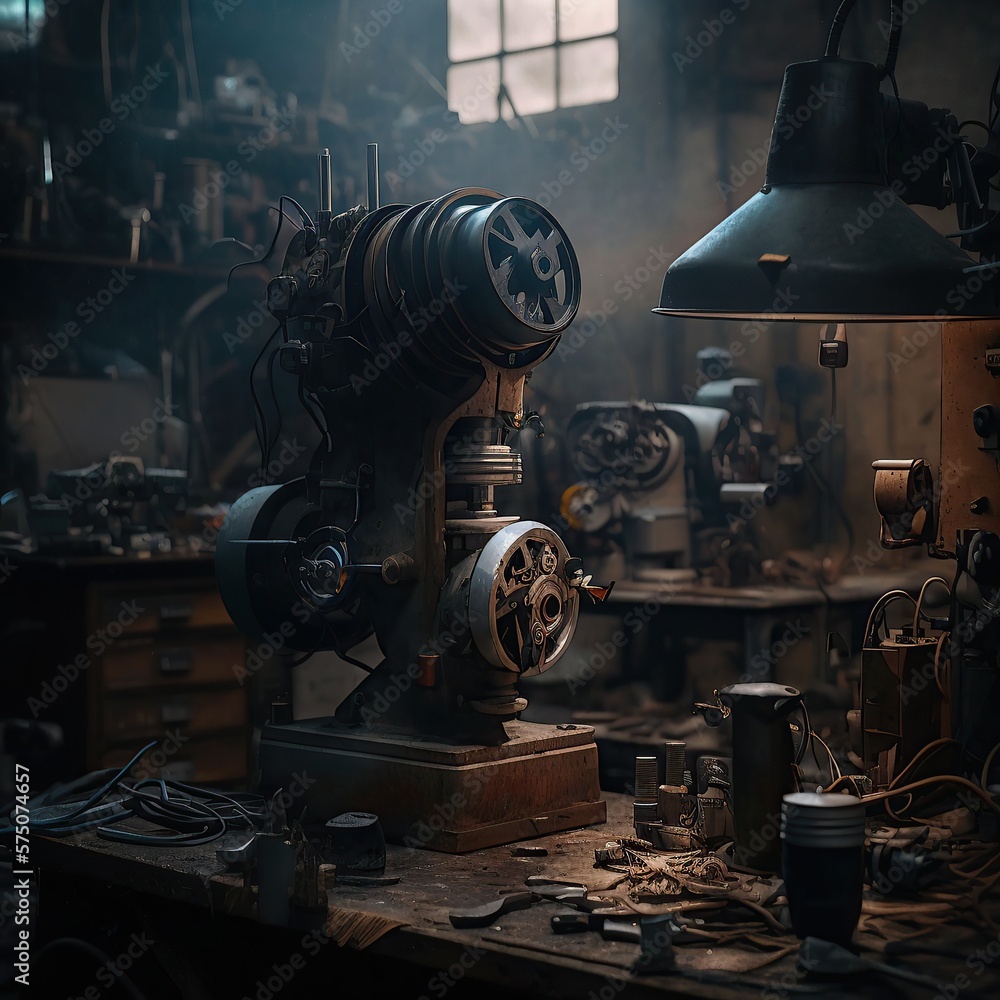 old empty mechanical workshop with many messy things created by ...
