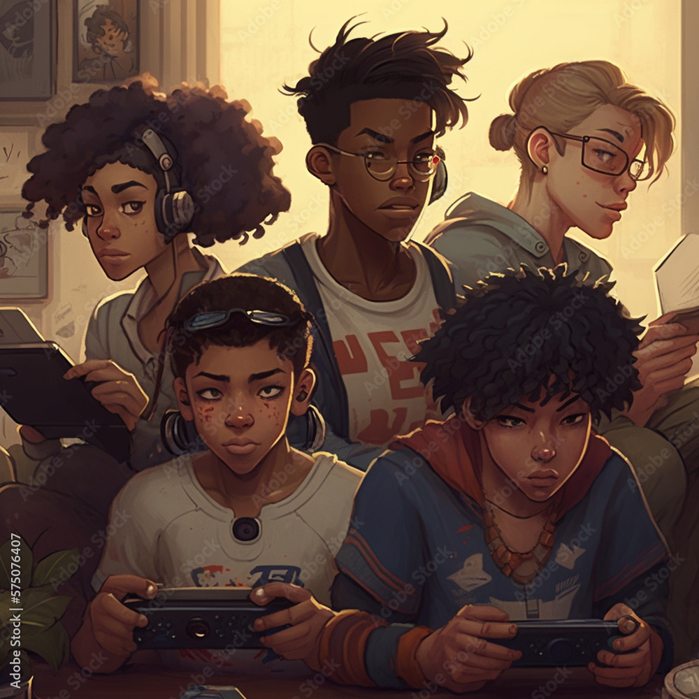 multi ethnic and multi-racial group of friends playing video games, AI ...