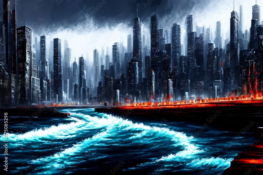 city scape with a river flowing in front of it Stock Illustration ...