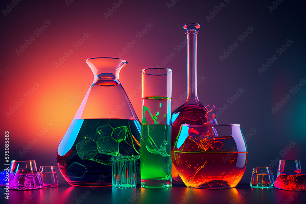Laboratory, chemical glassware of different shape and color, ai ...