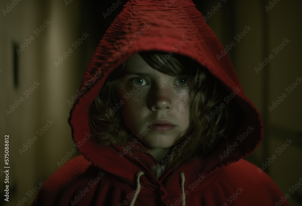 Young scared girl wearing red hood, Red Riding Hood in abandoned ...