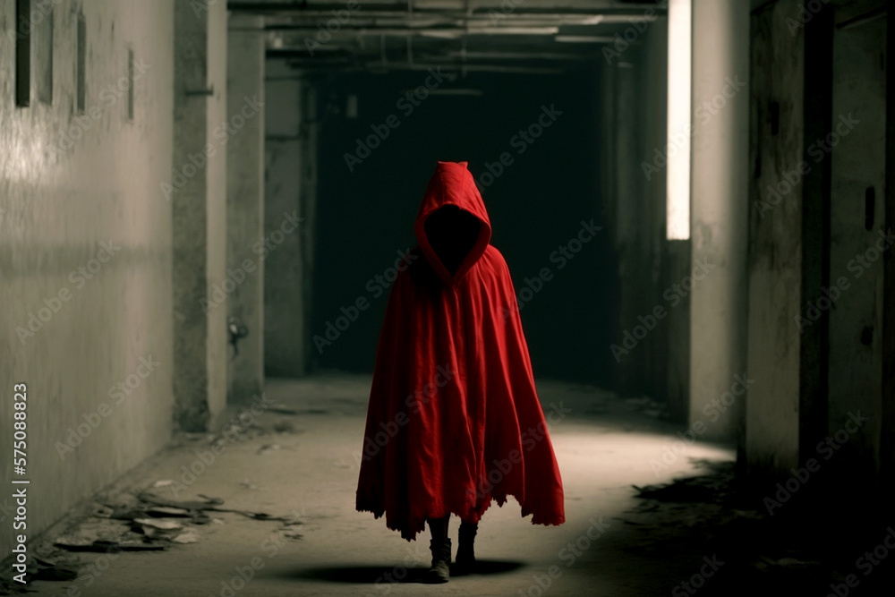 Young scared girl wearing red hood, Red Riding Hood in abandoned ...