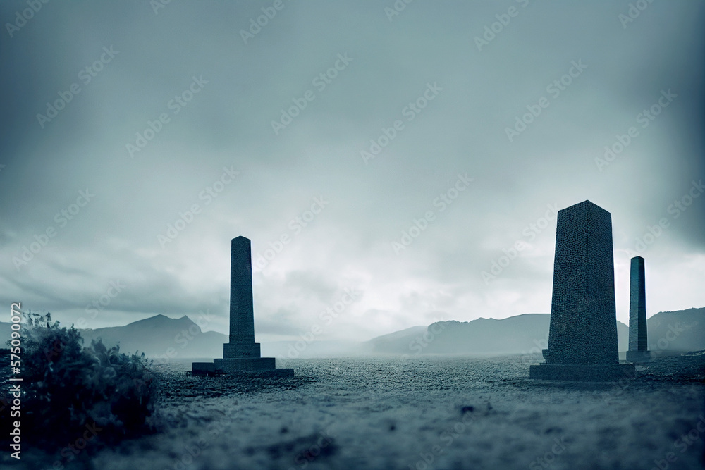 Scary obelisk at post apocalyptic future, Windy desert with monoliths ...