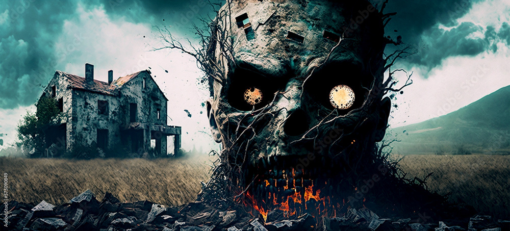 Scary strong man at post apocalyptic future at destroyed house, man ...