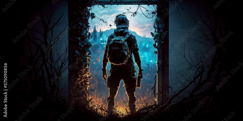 Scary strong man at post apocalyptic future at destroyed house, man ...