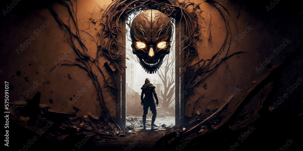 Scary strong man at post apocalyptic future at destroyed house, man ...