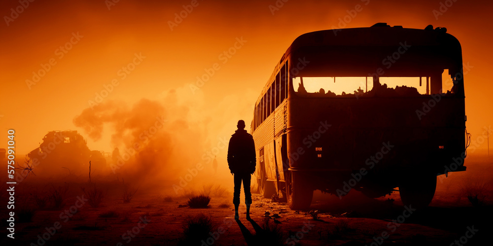 Illustrazione Stock Scared strong man at post apocalyptic future with ...