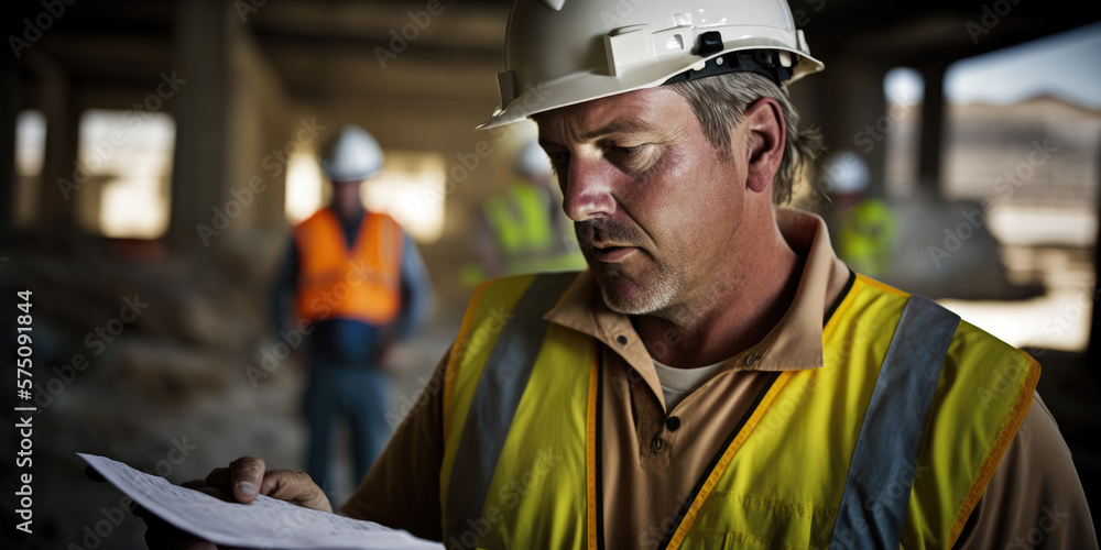 a man standing in a construction site. He is wearing a yellow hard hat ...