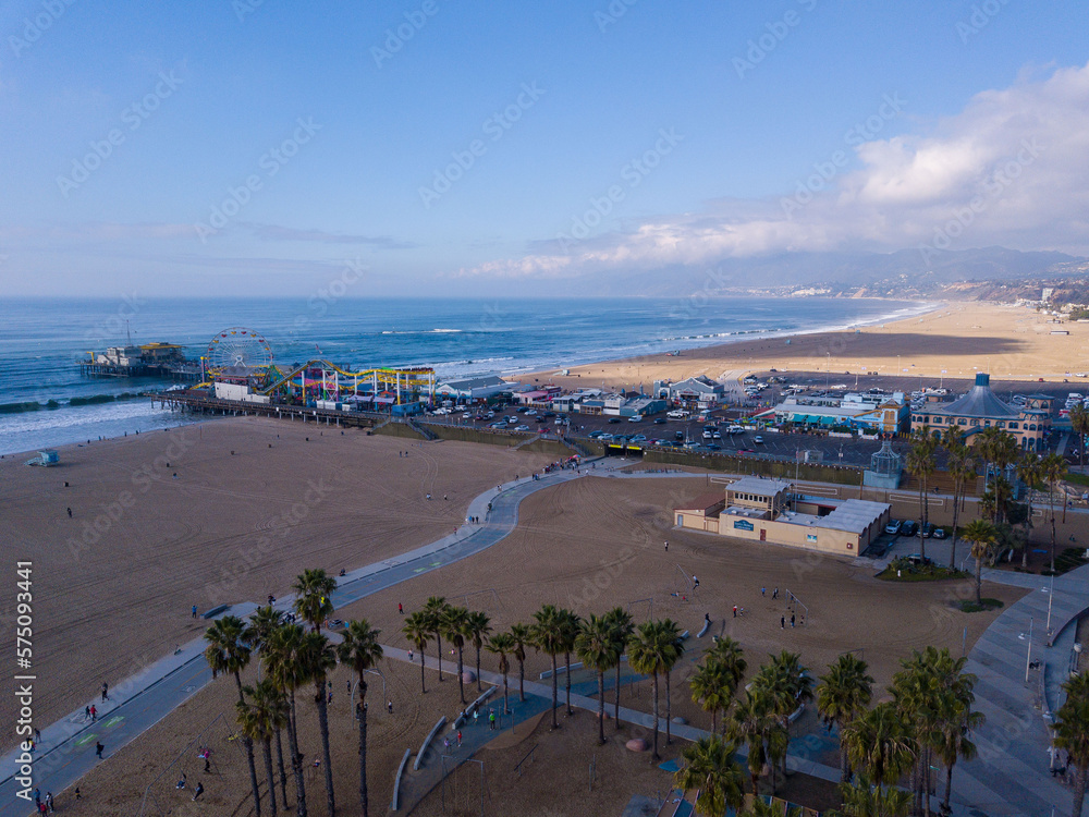 Aerial photos of the santa monica Pier, The Strand bike path, and beach ...